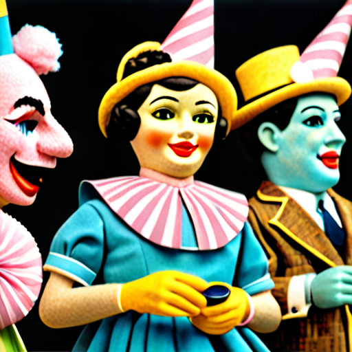 Photo realistic mid century pastel puppets at a carnival eating cotton ...