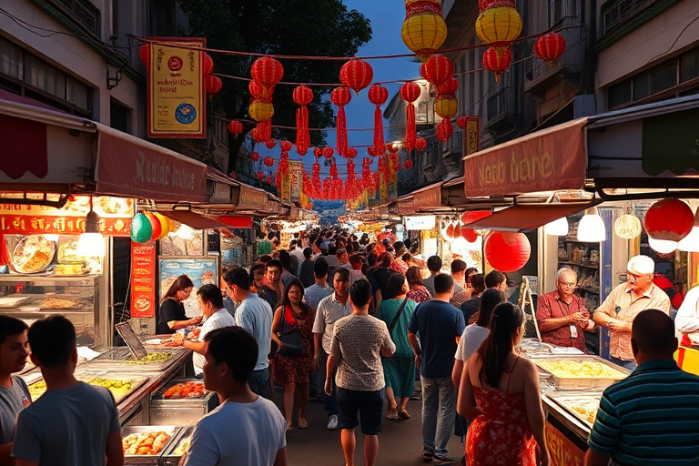 Vibrant Night Market Scene Filled with Delicious Food and Lanterns