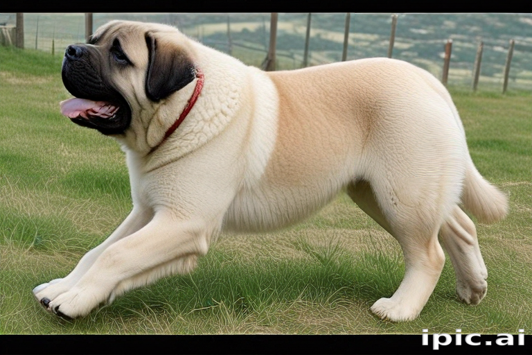 A Playful Mastiff Joyfully Running Through a Lush Green Field.