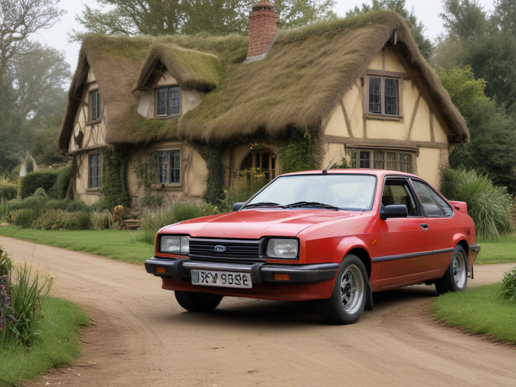 Ford sierra race car drifting past hobbits house in middle earth