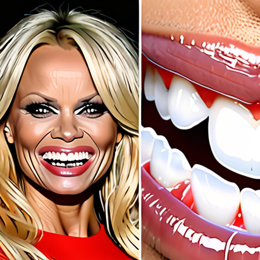 pamela anderson with too many teeth made of iron