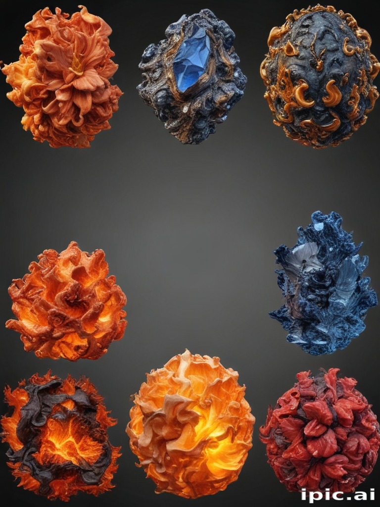 Colorful Abstract Spheres Representing Elements of Fire, Water, and Earth