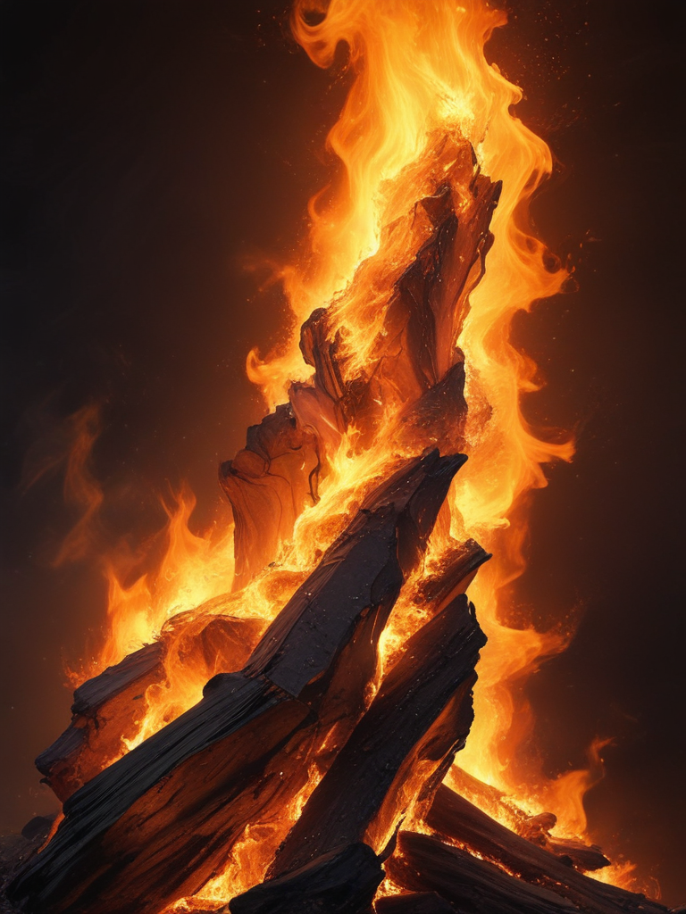 Majestic Flames Erupting from a Towering Structure of Charred Wood