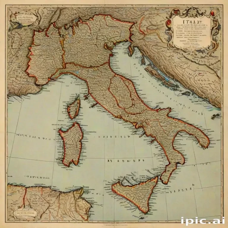 Detailed Historical Map of Italy Showcasing Regions and Coastal Features