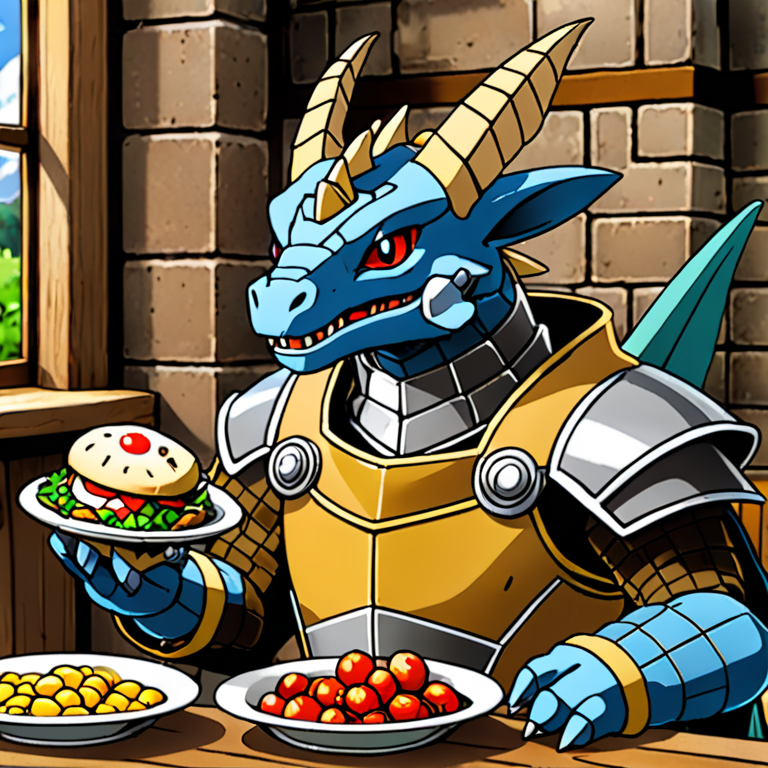 pokemon style dragonborn eating german food