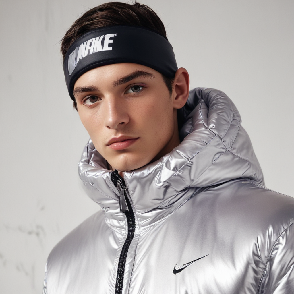 Male supermodel nike shiny puffer jacket bling jewellery hood headband