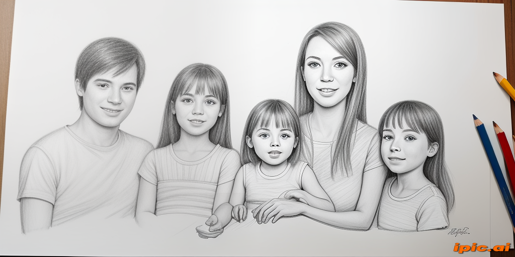 Detailed Sketch of a Happy Family with Four Children Smiling Together