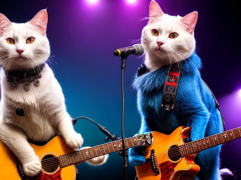 white cat singing on stage with a microphone, rock band in background