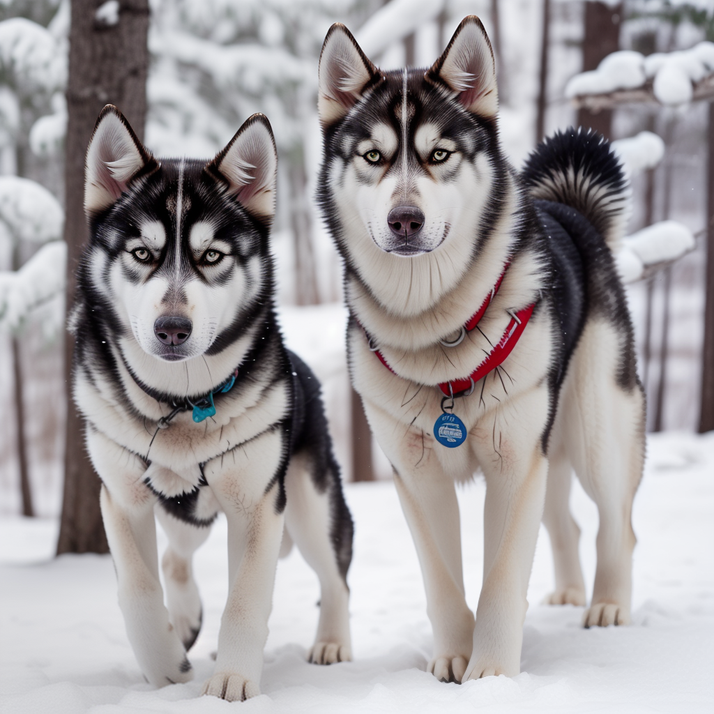 Two Majestic Huskies Standing Together in a Snowy Winter Wonderland.