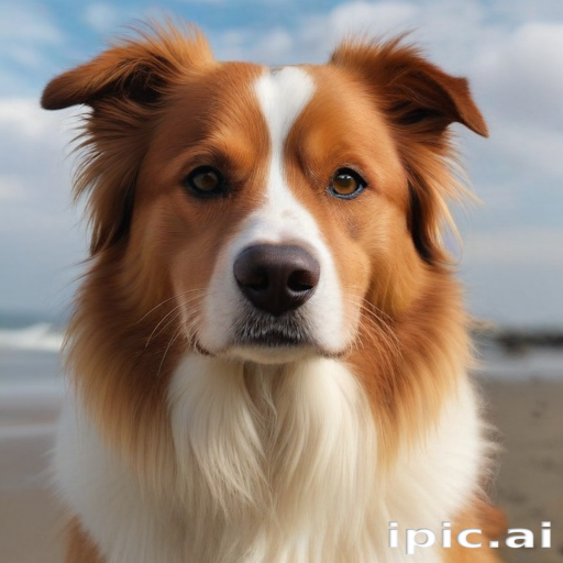 A Beautiful Dog with Fluffy Fur Against a Serene Beach Background.