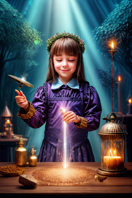 Magic maker with sparkling eyes in a magical workshop (fantasy scene)