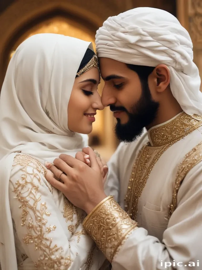 A Loving Couple Embracing in Traditional Attire with Joyful Expressions.