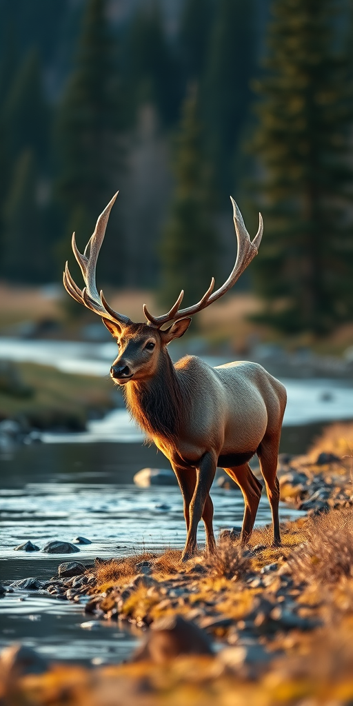 Regenerate an image of an elk standing near a clear stream in a serene ...