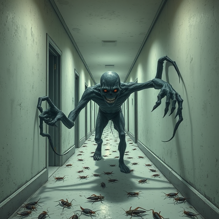 Terrifying Creature Emerges in Dark Hallway Infested with Crawling Insects