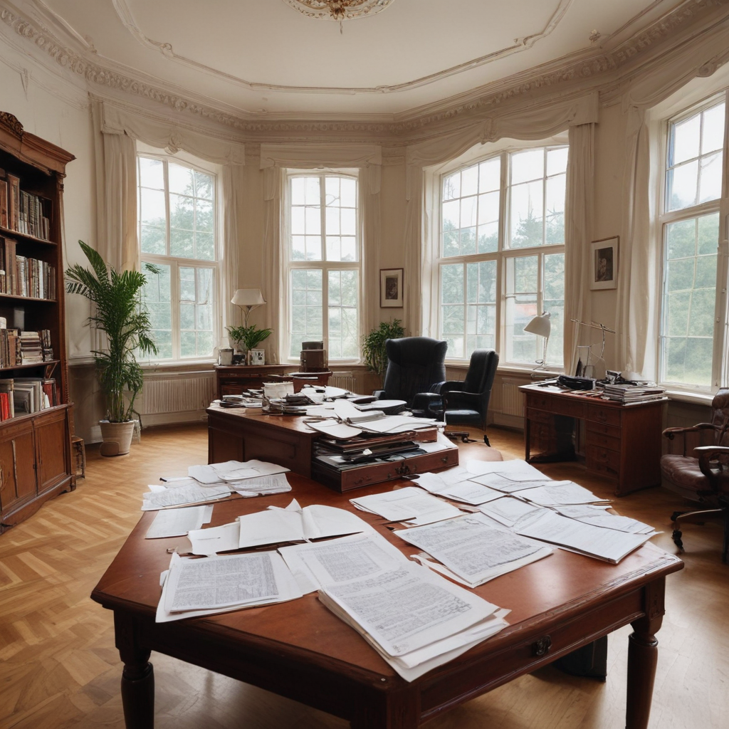 fancy rich office with many papers, a quill and no people