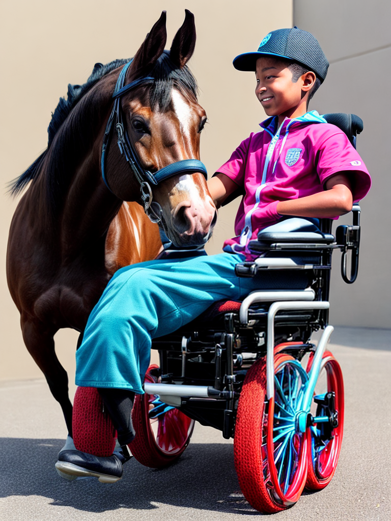 a horse head lean down to a kid on a wheelchair