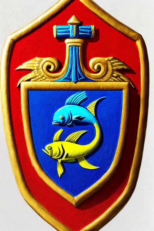 the family's unique coat of arms has a fish and a sword painted on the ...
