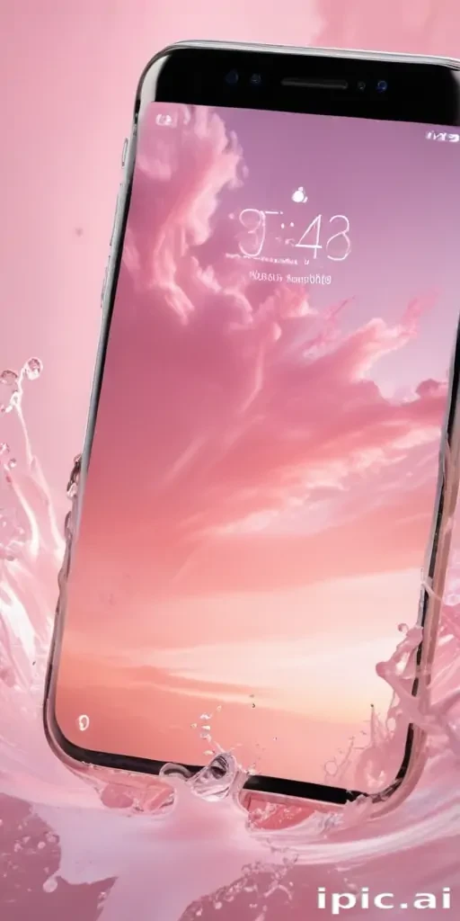 Smartphone Displaying a Beautiful Pink Sky Amidst Water Splashing Effects