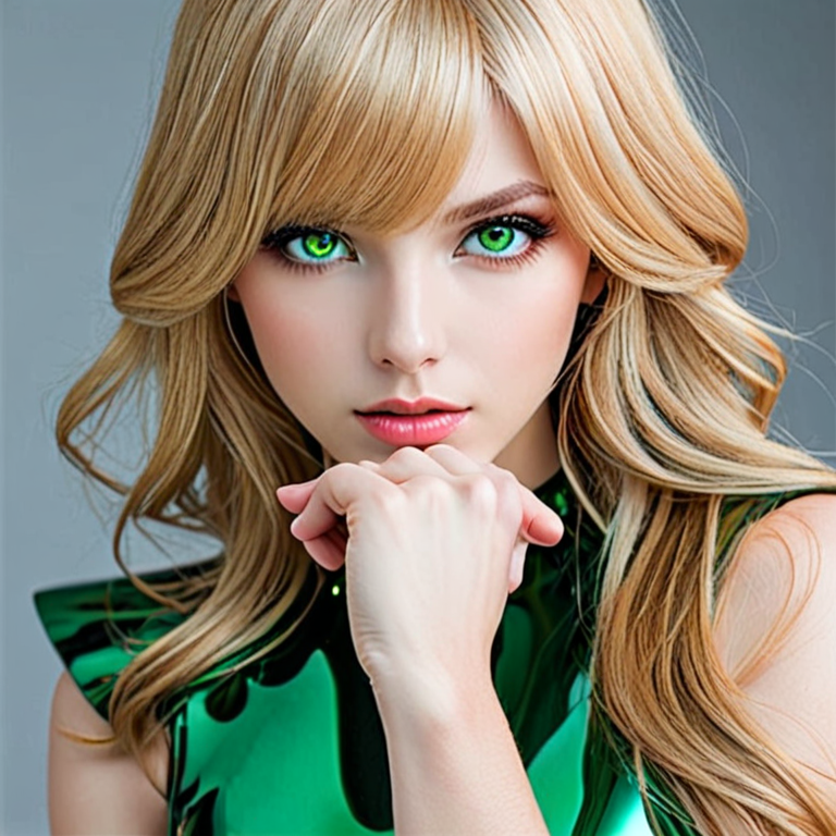 personification of ai with green eyes blonde hair. Full body picture.