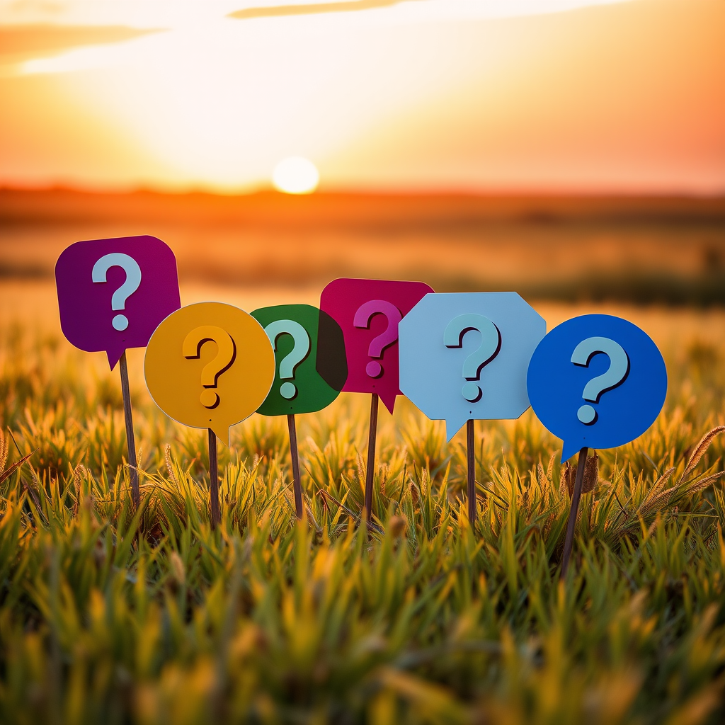 Colorful Question Mark Signs Standing Tall in a Serene Sunset Field