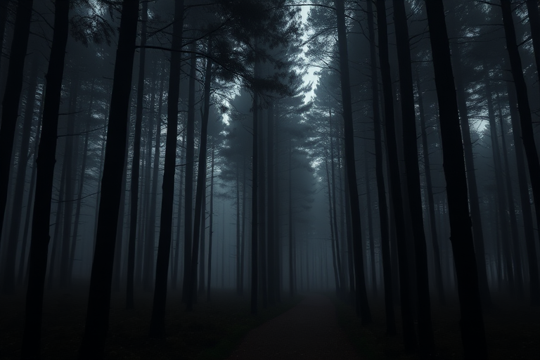 Mystical Forest Pathway Enveloped in Thick Fog and Shadowy Trees