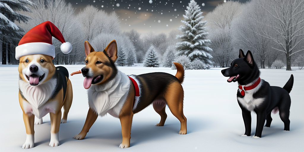 Three Joyful Dogs Celebrating Christmas in a Snowy Winter Wonderland