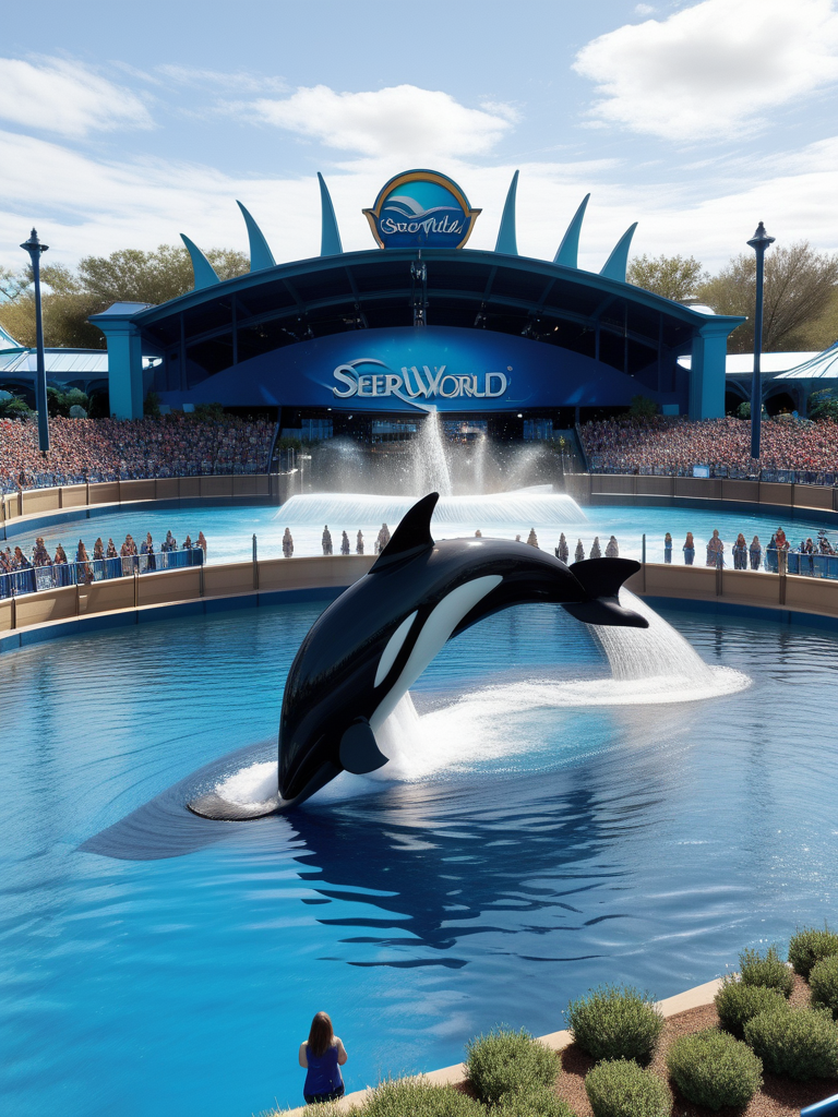 Orca Performing an Impressive Leap at SeaWorld's Spectacular Aquatic Show