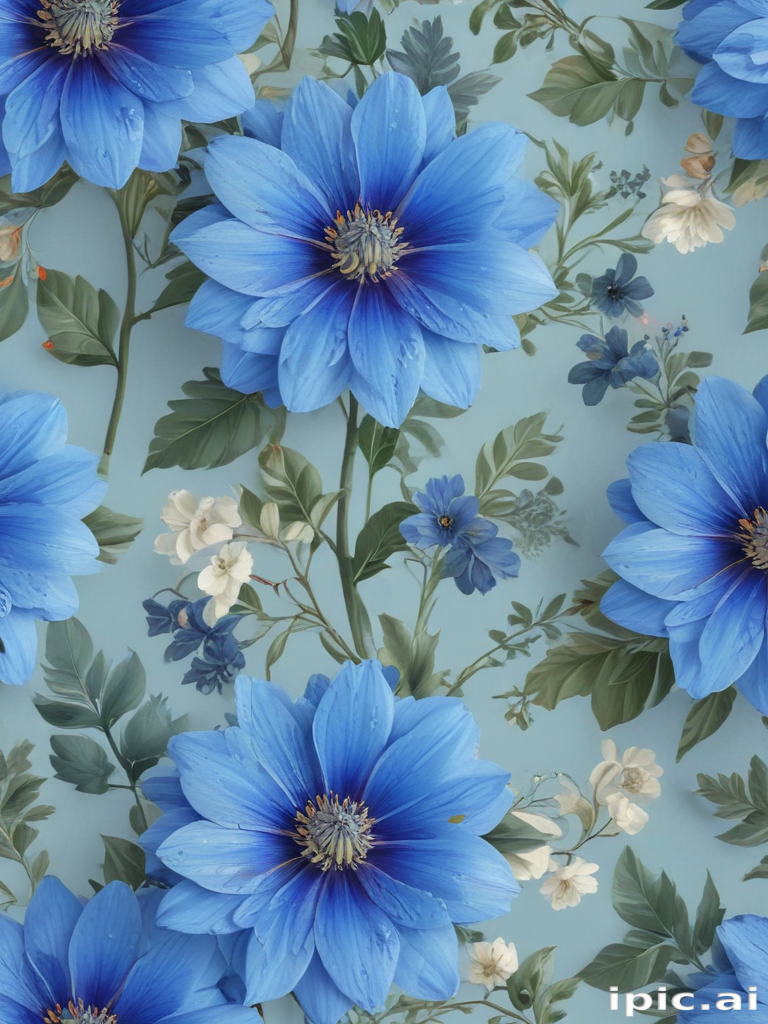 Vibrant Blue Flowers in a Lush Floral Pattern on Soft Background