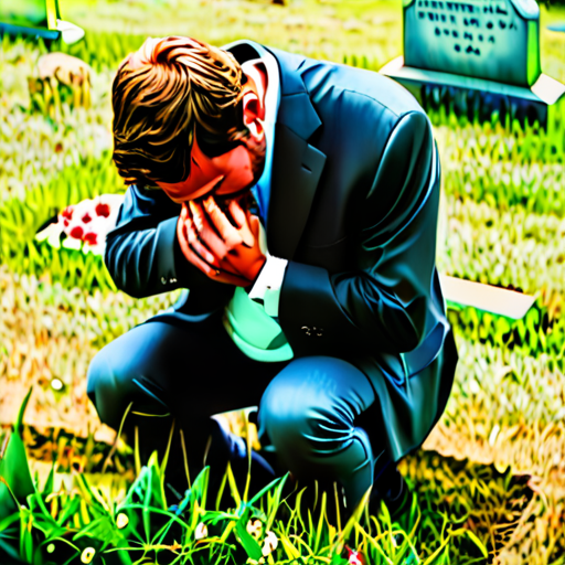 a man crying over a grave