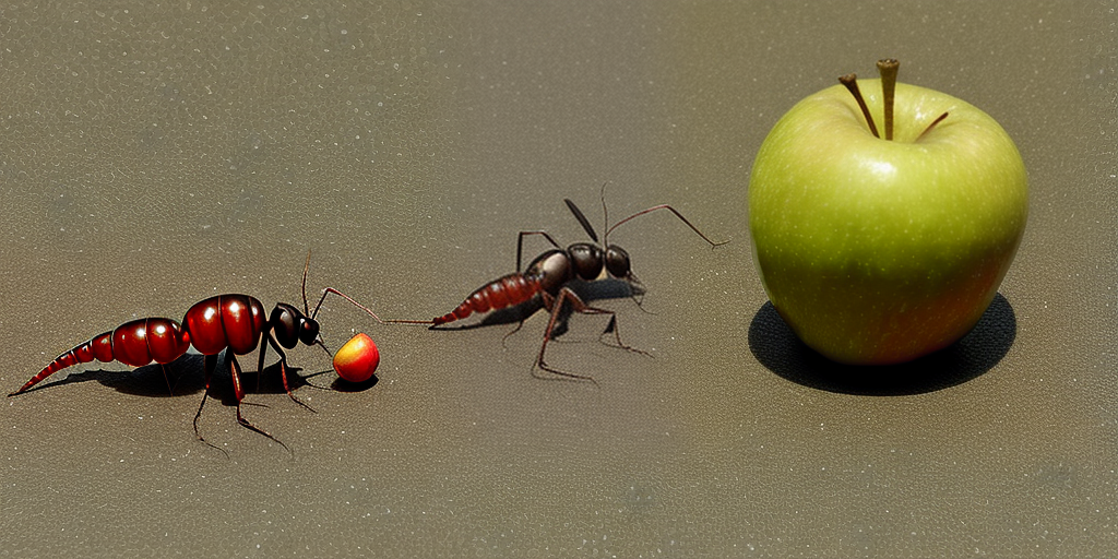 Apple with ant eating worm and worm eating apple