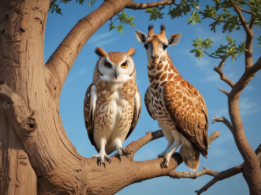 a cartoon with an owl in a tree and a giraffe standing next to it