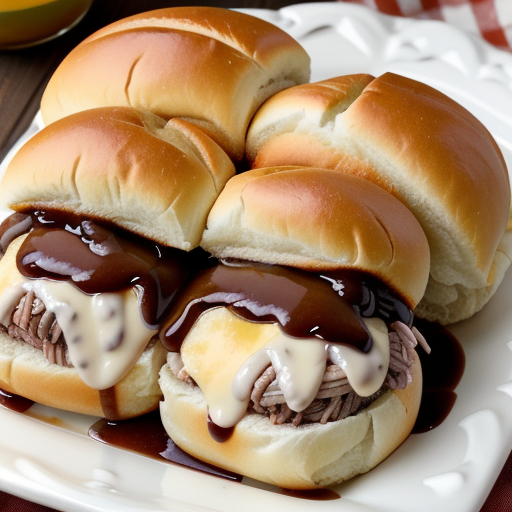 Delicious Sliders Loaded with Tender Roast Beef and Creamy Sauce Drizzle.