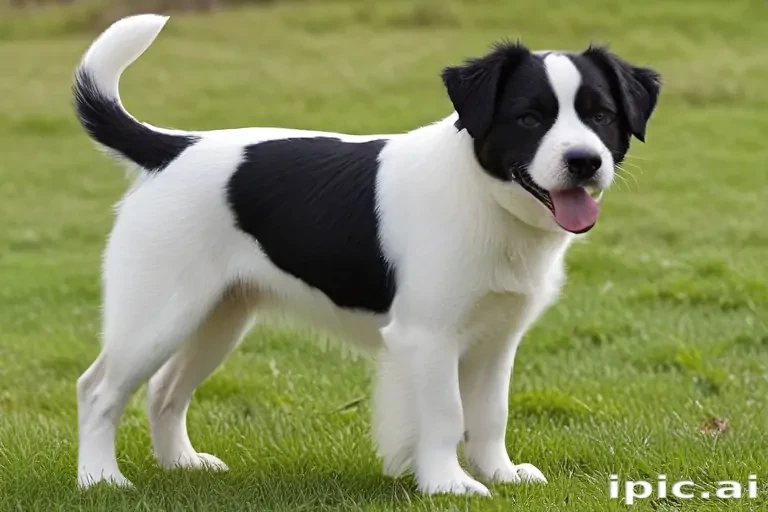 A Playful Black and White Puppy Enjoying a Sunny Day Outdoors.