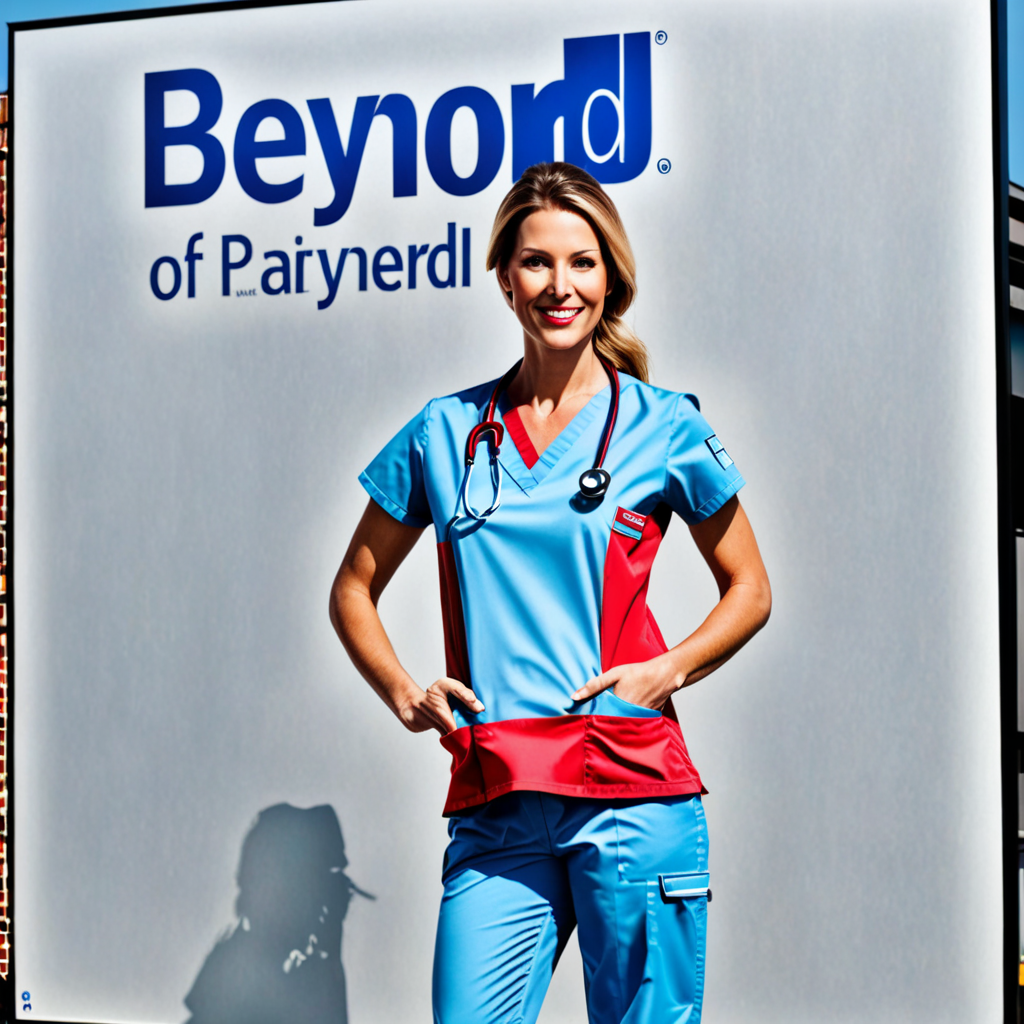 A Nurse in a Beyond Care Scrubs Ad printed on a billboard