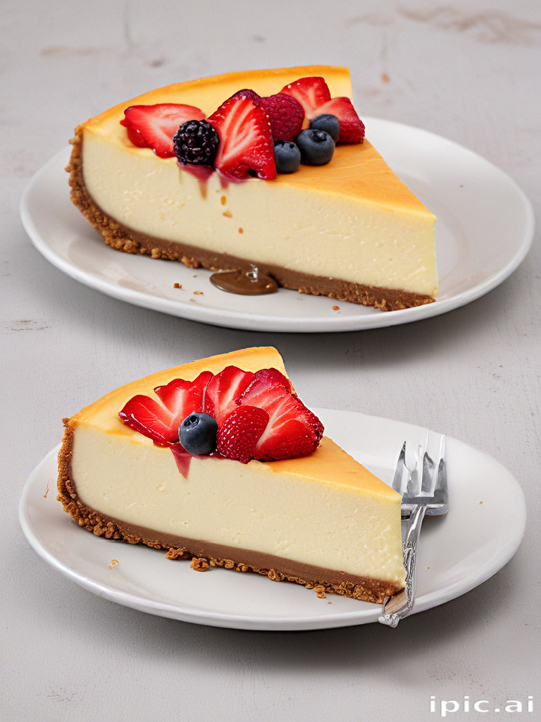 Deliciously Creamy Cheesecake Slices Topped with Fresh Berries and Sauce.