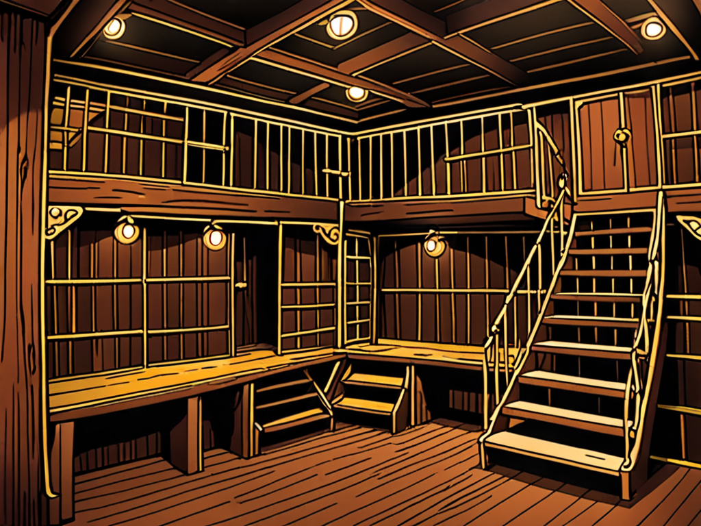 Interior of a cargo space of the pirate Captain Hook's ship from the ...