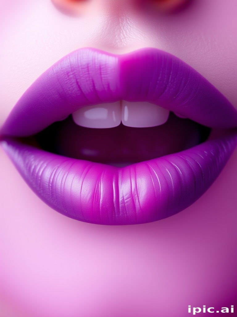 Vibrant Close-Up of Glossy Purple Lips with a Playful Shine