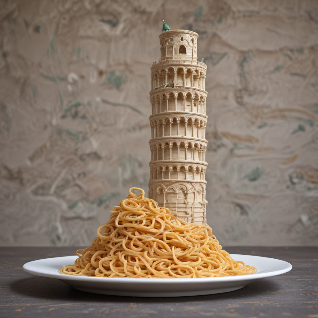 tower of Pisa made from spaghetti, coming out from the dish