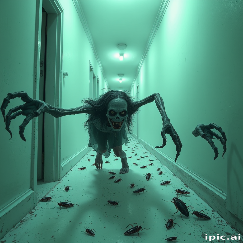 Terrifying Creature Emerging from Shadows in a Dimly Lit Hallway