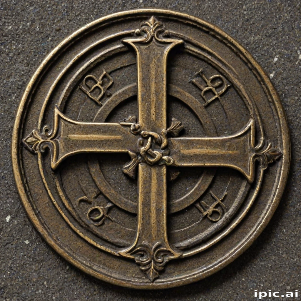 Intricate Bronze Emblem Featuring a Cross Surrounded by Mystical ...