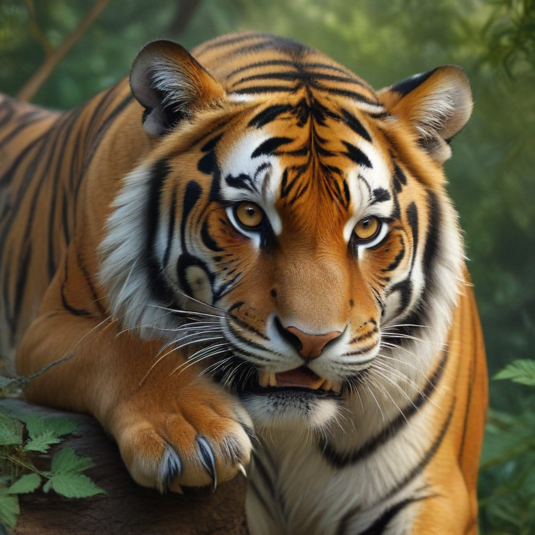 Majestic Bengal Tiger Resting Among Lush Greenery in Its Natural Habitat
