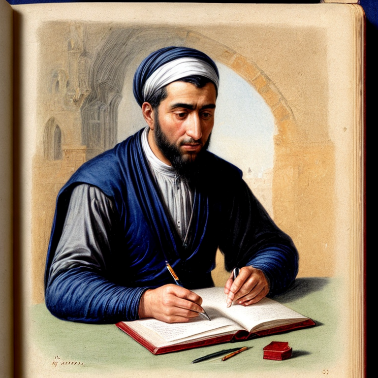 A medieval Muslim man writing in a book