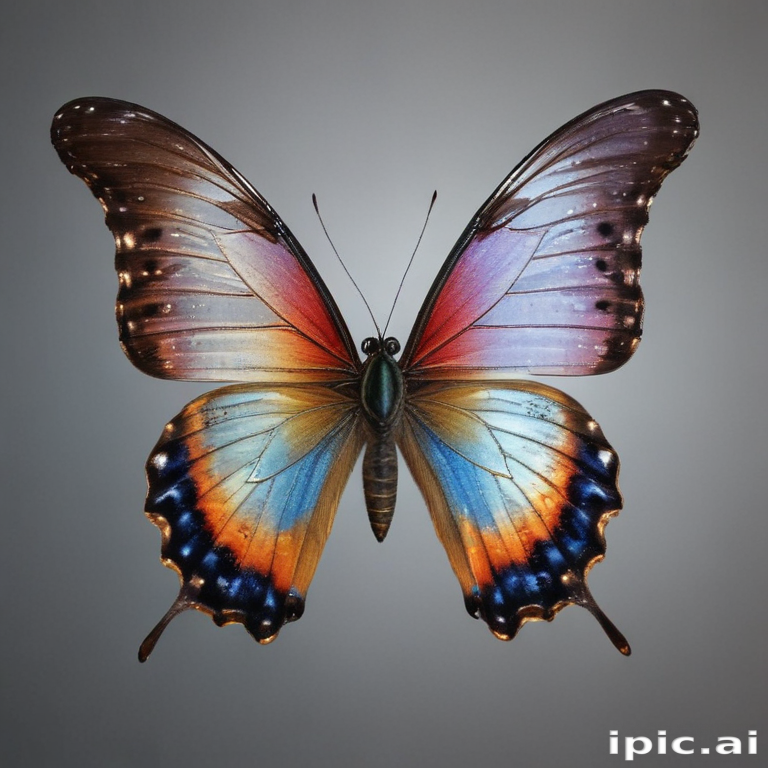 Stunningly Colorful Butterfly Spreading Its Wings Against a Soft Gray ...