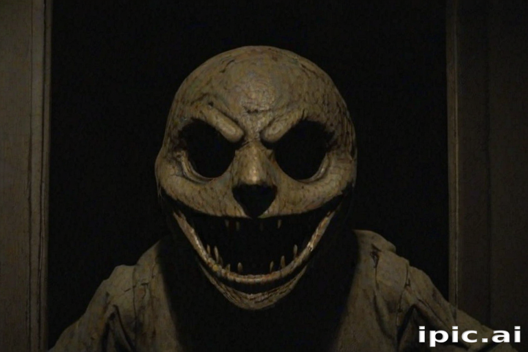 Sinister Creature with a Grinning Face and Hollow Eyes in Shadows