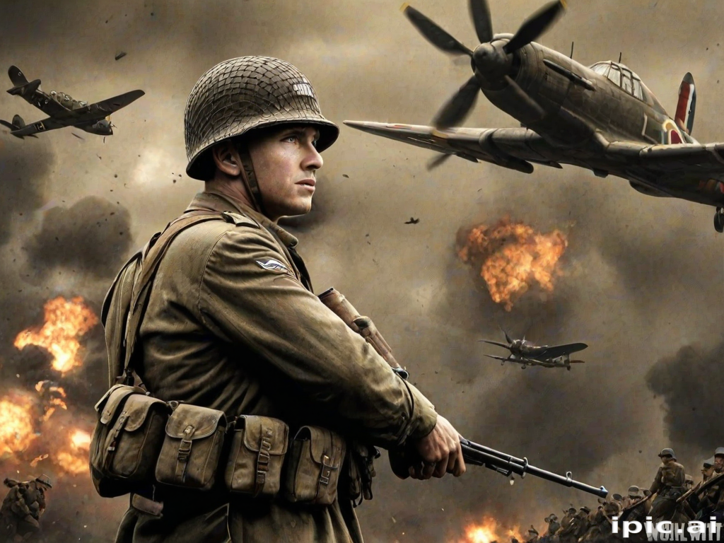 Heroic Soldier Stands Strong Amidst Chaos of World War II Battle