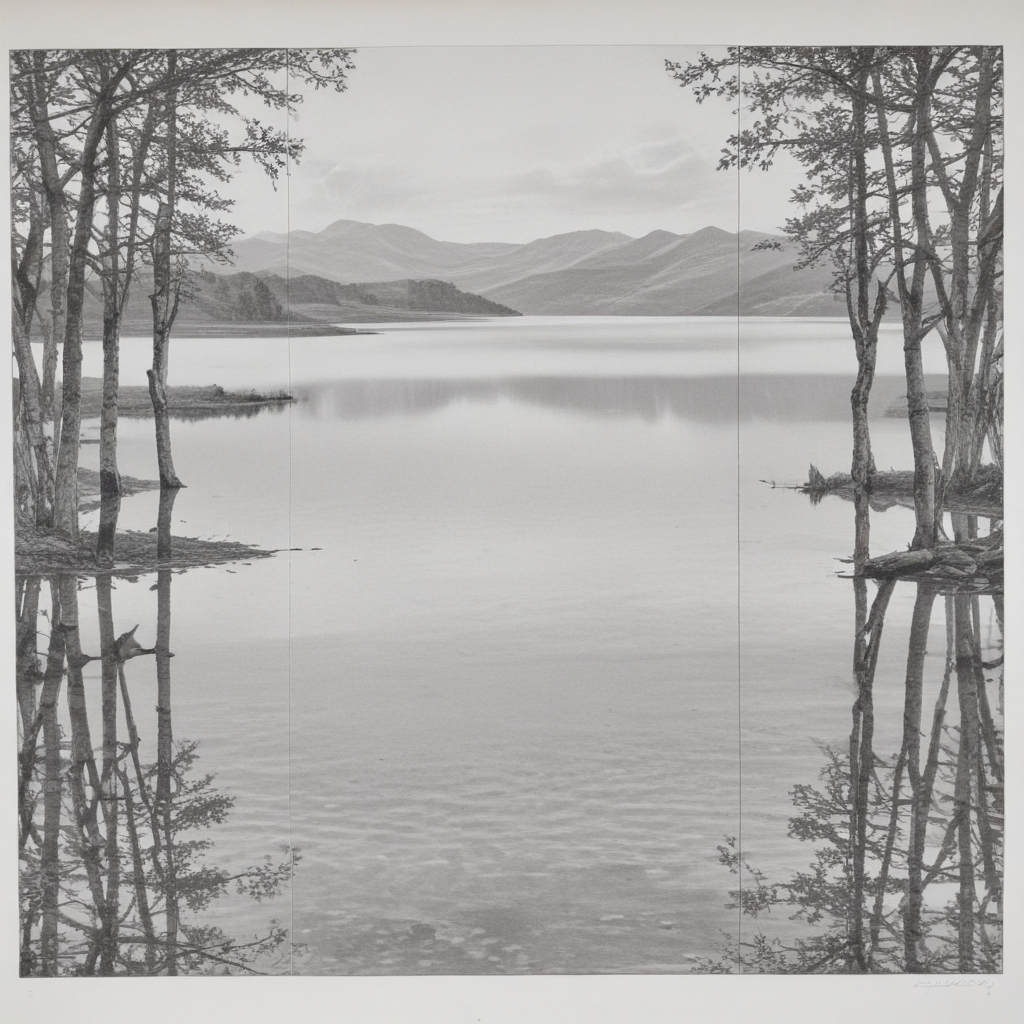 a diagram drawing looking through a sequence of frames towards a lake