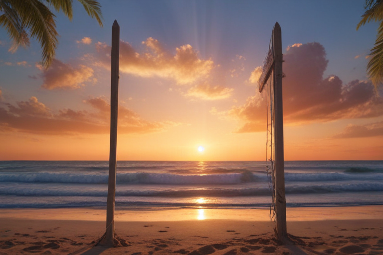 Sunset Over the Ocean Framed by Palm Trees and Beach Posts