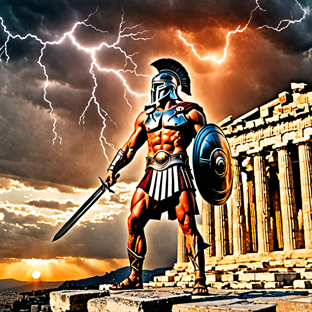 an ancient spartan warrior with a sword and a shield anf the Parthenon ...