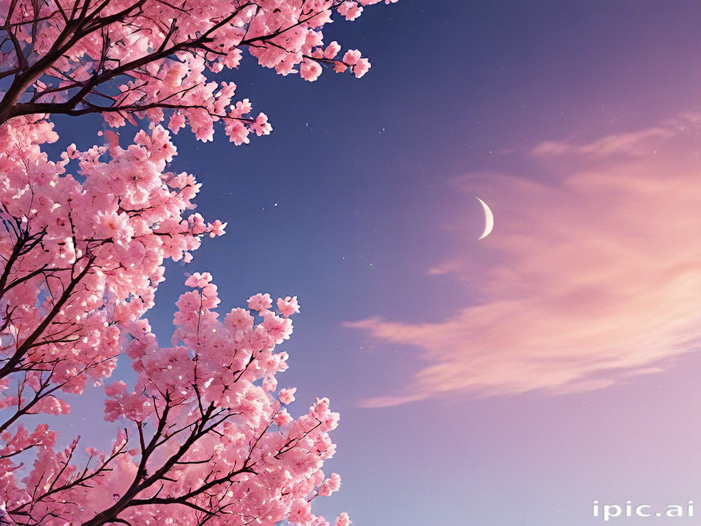 Serene Evening View of Cherry Blossom Tree Under a Crescent Moon