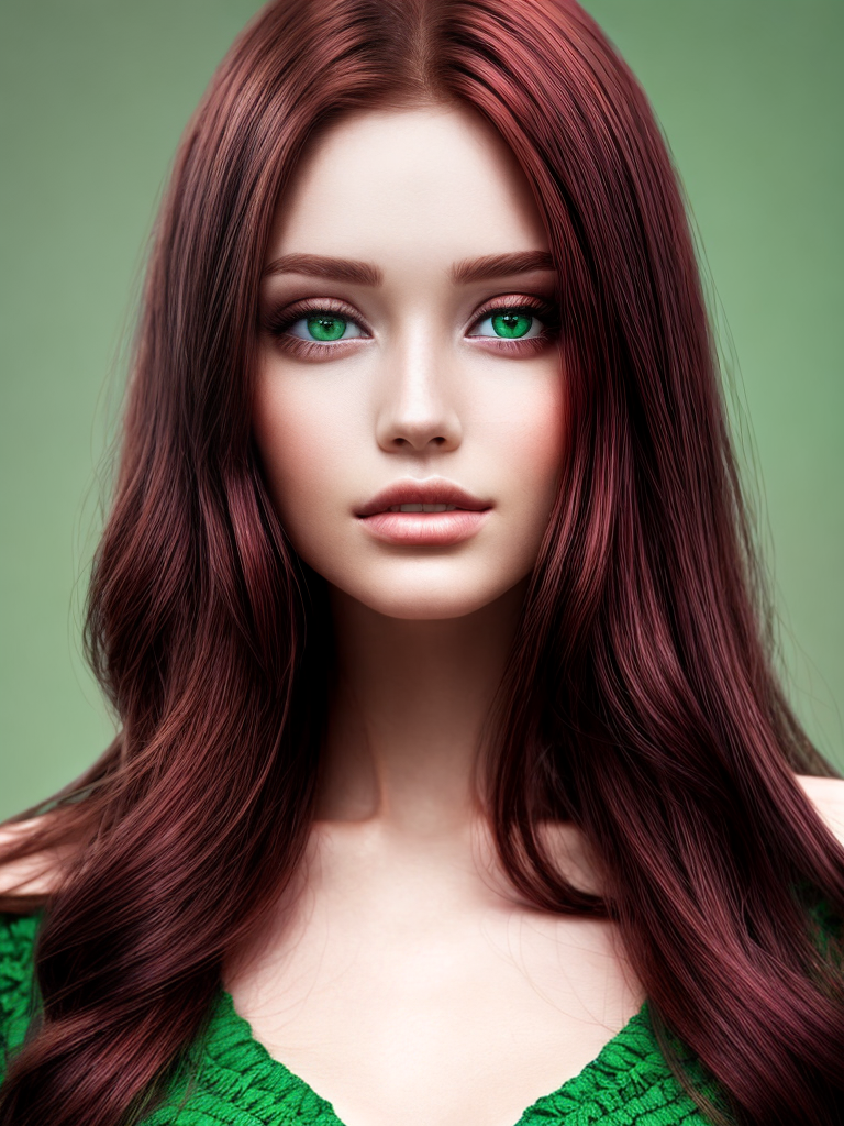 Dark red hair, almond eyes, emerald green eyes, female, pretty